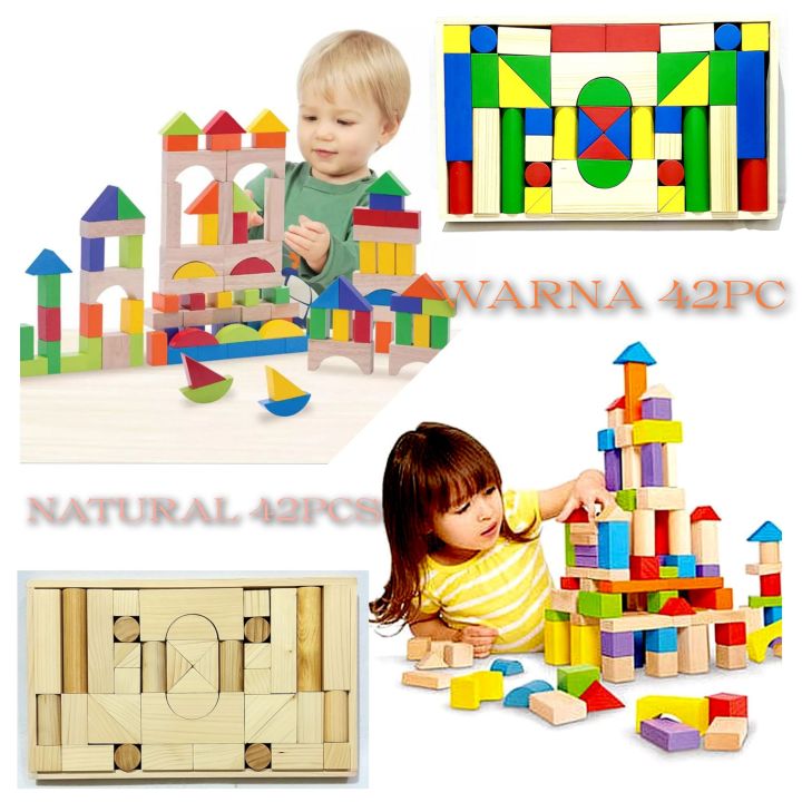 Mainan edukasi kayu edukatif anak Balok Susun bangun ruang Natural ...