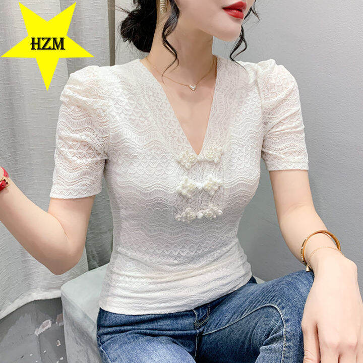 HZM 2023แฟชั่นใหม่เข้าได้กับสไตล์ยุโรปเสื้อยืดแขนสั้นตรงปลายผ้าลูกไม้ลายดอกไม้สไตล์ย้อนยุค ...