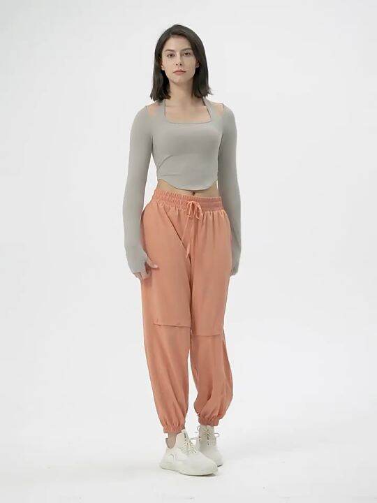 YIMRIZ เสื้อยืดชุดโยคะกีฬาผู้หญิงแบบคล้องคอแผ่นหน้าอกแขนสวมนิ้ว ชุด ...