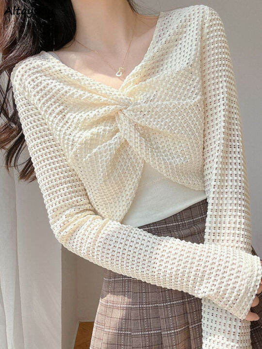 Wintin แจ็กเก็ตคอวีสำหรับผู้หญิง,ดีไซน์ลายโปร่งแฟชั่นเรียบง่ายใส่สบาย ...