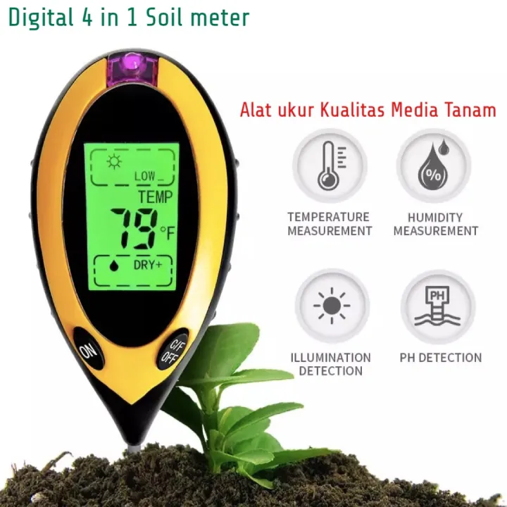 Digital Soil meter 4 in 1 Alat ukur PH Moisture meter Temperature Suhu ...