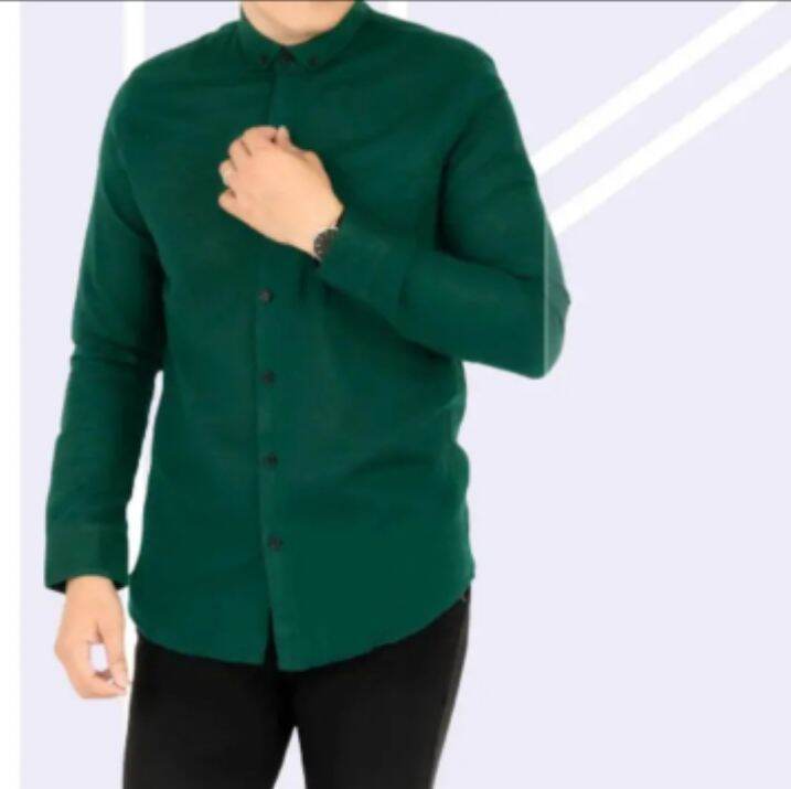 kemeja polos pria dewasa lengan panjang slimfit hijau tua ijo botol ...