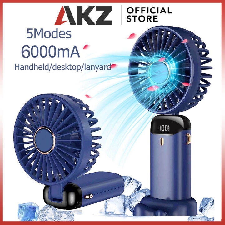 AKZ 6000Mah Mini Fan Portable Rechargeable Neck Fan LED Display 5 Speed ...