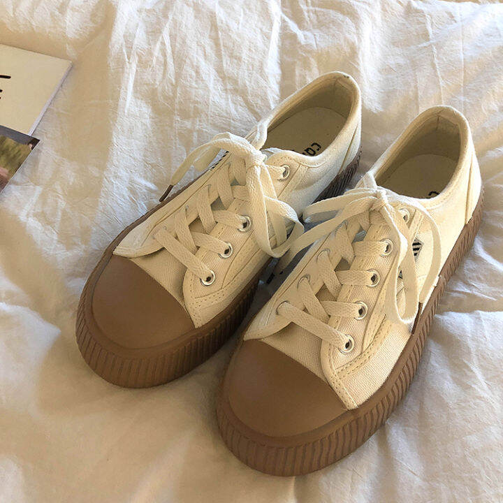 Linjiu San รองเท้าผ้าใบสไตล์ฮ่องกงแนววินเทจสำหรับผู้หญิงรองเท้าบิสกิต ...