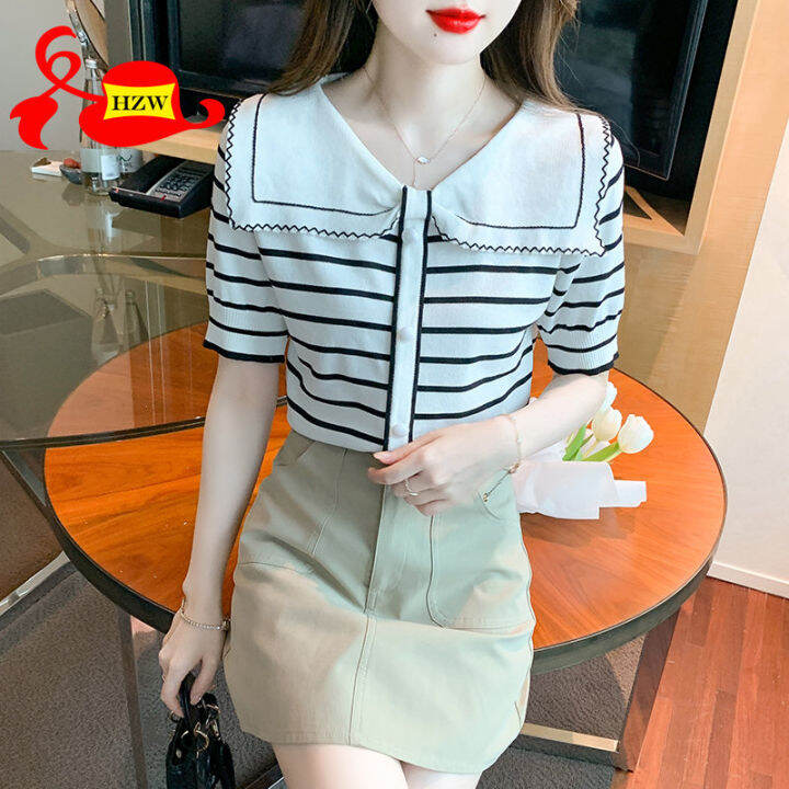 HZW 2023ฤดูร้อนเสื้อสเวตเตอร์ถักบางลายทางแขนสั้นของผู้หญิง,เสื้อสเวตเตอร์สีกรมท่าเสื้อยืดลดอายุ ...