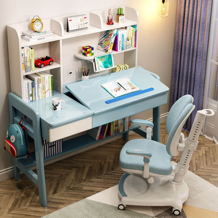 Children's Study Desk Solid Wood Desk Bookshelf Integrated Desk Primary ...