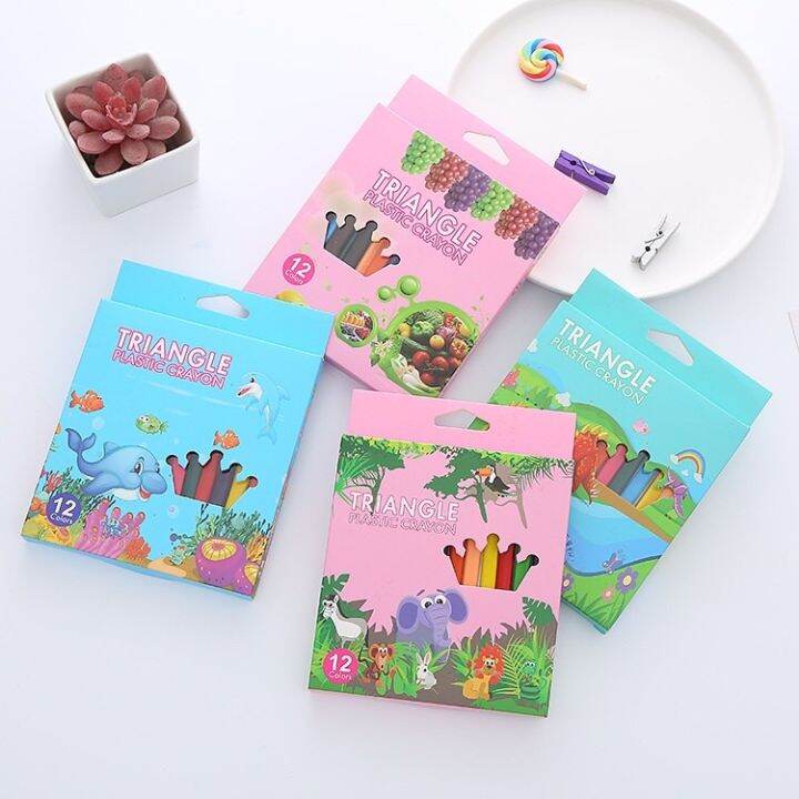 CRAYON PLASTIK TRIANGEL 12PCS/CRAYON SET SEGITIGA BERBAGAI MOTIF LUCU ...