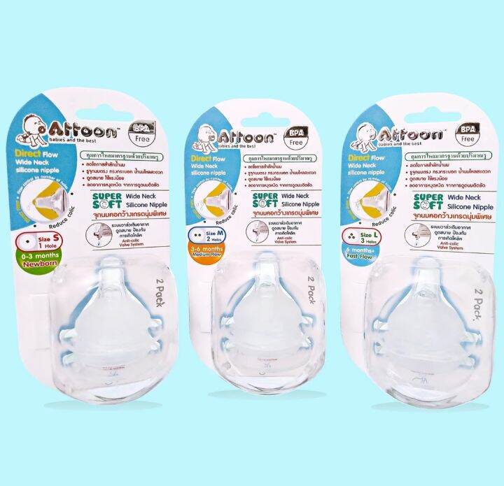 จุกนมคอกว้าง Attoon Direct Flow รุ่นคุมการไหล ป้องกันการเกิดโคลิค แพ็ค2 | Lazada.co.th