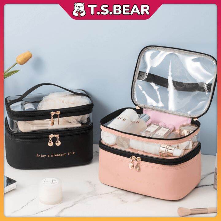 Double Layer Cosmetic Bag Travel Makeup Bag Multipurpose Pouch Transparent Organizer Storage ...