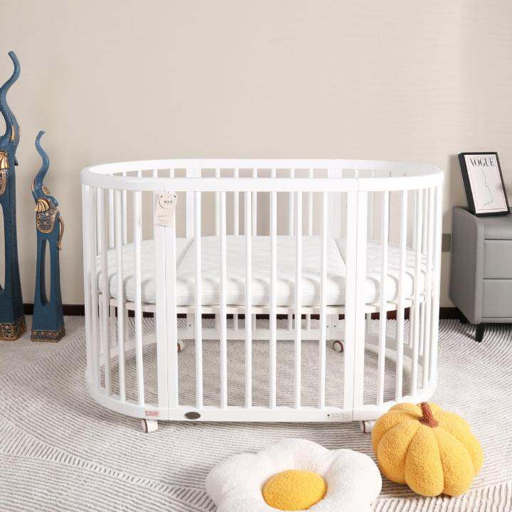 MEBO Crib round Bed White Babies' Bed Solid Wood Bed Bassinet Newborn Multi-Functional Splicing ...