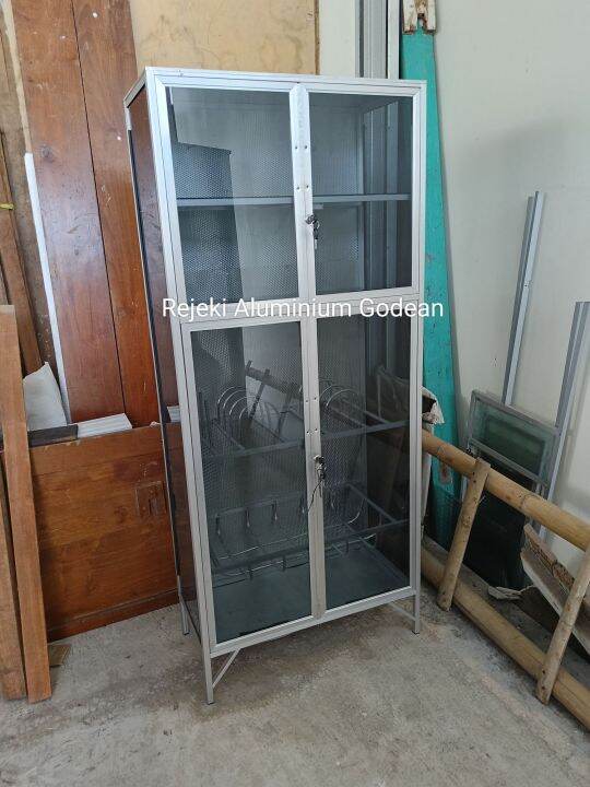Rak piring 2 pintu box silver riben bahan kaca aluminium plat no ...