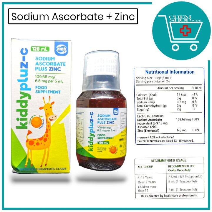 Kiddypluz-c Sodium Ascorbate Plus Zinc 120ml Syrup Vitamin C for Kids ...