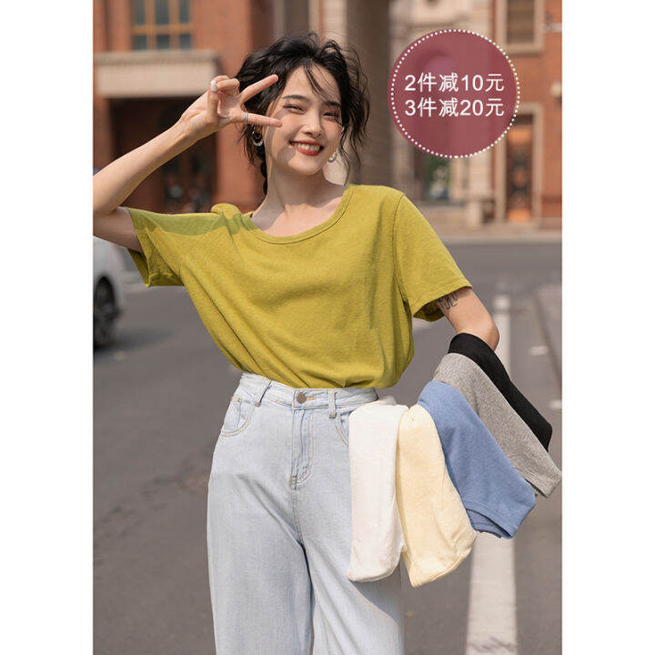 เสื้อยืดผ้าฝ้ายไม้ไผ่สีล้วนยี่ห้อ Qianjie เสื้อเบสิคคอปกใหญ่แขนสั้น ...