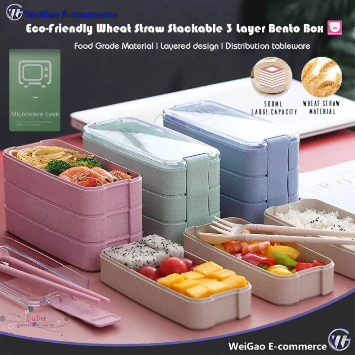 Portable 900ml Japanese Lunch Box Eco-Friendly Wheat Straw Stackable 3 ...