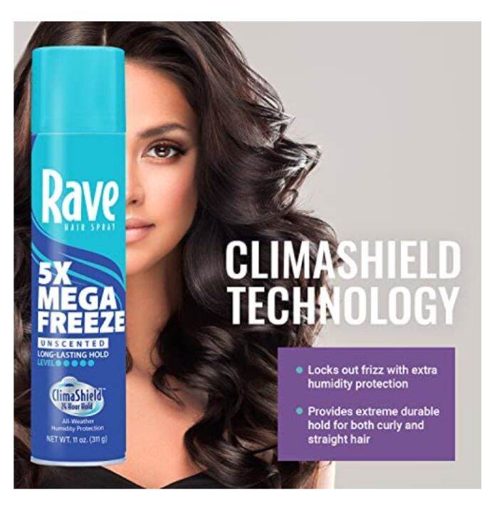 Rave Hair Spray 5x Mega Freeze Unscented Long lasting Hold 311g Made in ...