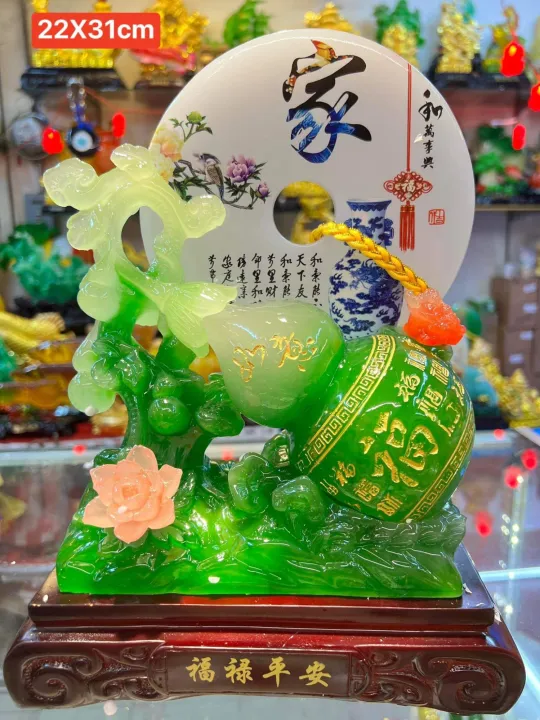 jade coin on lotus with holo wulou health charm fengshui display lucky ...