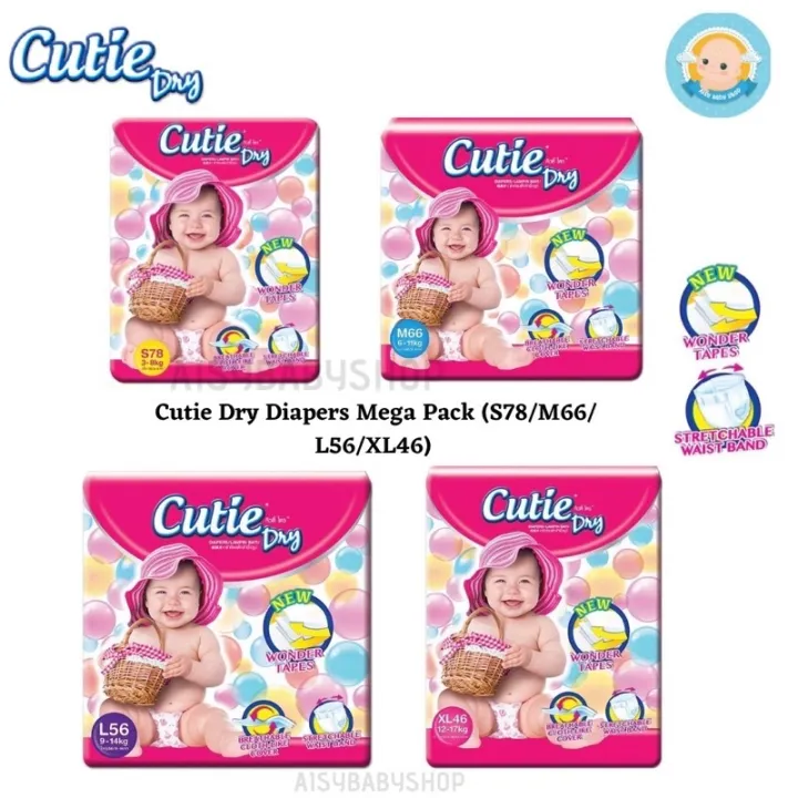 Cutie Dry Baby Diapers Mega Pack (S78/M66/L56/XL46) | Lazada