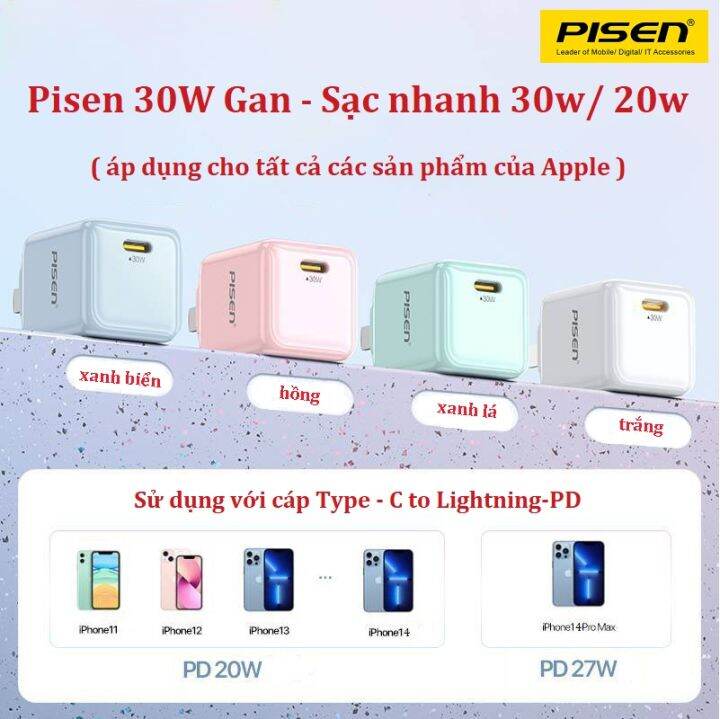 Sạc nhanh mini PD30W Pisen Gan ( gali nitride ) thích hợp aiphone 12/13/14 pro, promax | Lazada.vn