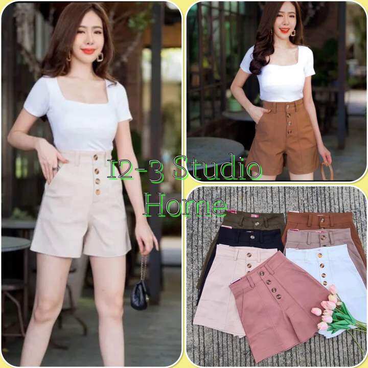 Bewry กางเกงขาสั้นเอวสูงผ้าดับเบิ้ลซาติน รุ่นกระดุมหน้า | Lazada.co.th