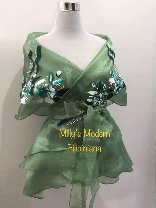 Modern Filipiniana wrap around Sage Green Neutral dakr green hand paint ...