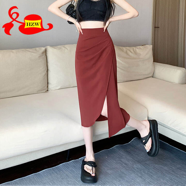 HZW 2023ใหม่กระโปรงยาวปานกลางผู้หญิงฉบับภาษาเกาหลีดีไซน์ไม่ปกติชุดสูทมีจีบกระโปรงทรงเอ | Lazada ...