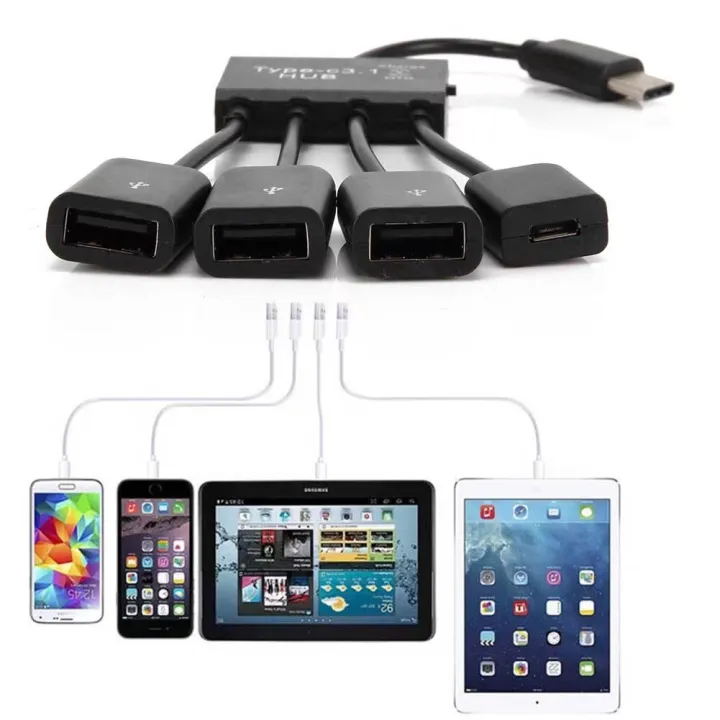 สายแปลง Type c usb OTG 4 in 1 hub แบบมีไฟเลี้ยงด้วย Type C OTG Hub Cable Connector 4 Port USB ...