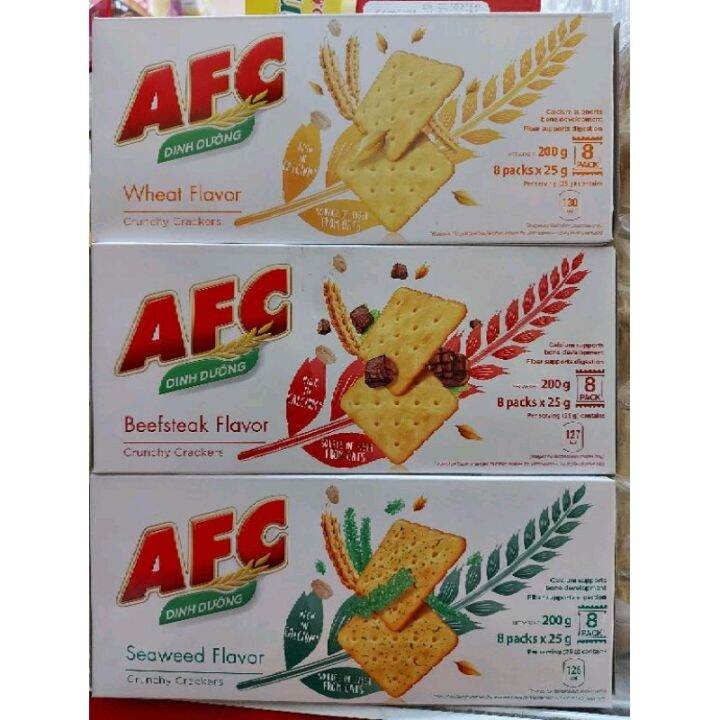 BÁNH AFC 200 G có 4 vị lứa mì,thịt beefsteak ,rau củ và thêm vị TẢO biển. Bánh quy dinh dưỡng ...