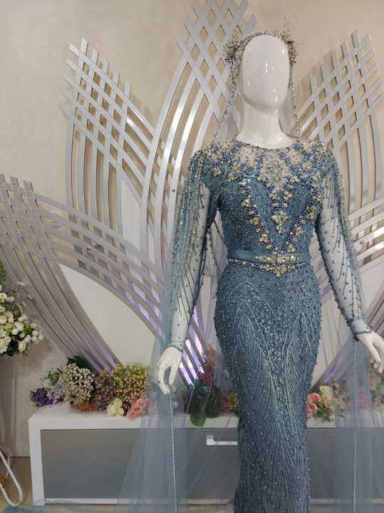 gaun pengantin pernikahan wedding dress span slim warna biru muda payet ...