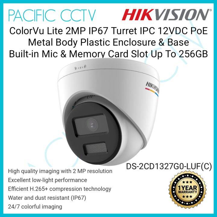 HIKVISION ColorVu Lite 2MP IP67 Turret IPC 12VDC PoE Metal Body Plastic Enclosure & Base Built ...
