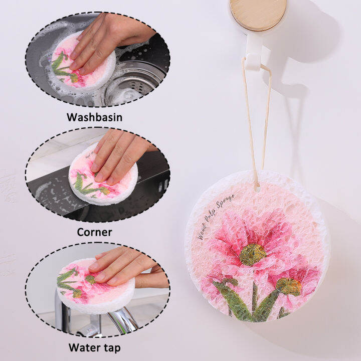 Wood Pulp Cotton Dishwashing Sponge Wipe Cartoon Flowers Creative Non ...