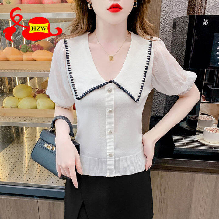 HZW 2023สเวตเตอร์คอตุ๊กตาลดอายุสำหรับผู้หญิงใหม่เสื้อสเวตเตอร์บางเสื้อเชิ้ตแขนสั้นเสื้อสเวตเตอร์ ...