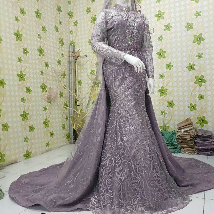 gaun pengantin model slim duyung warna taro lengkap slayer | Lazada ...