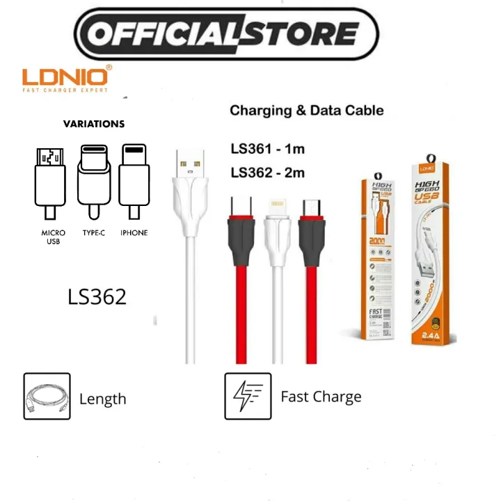 LDNIO LS361 / LS362 Micro/lightning/Type-C 2.4A Fast Charging & Data Transmission Cable | Lazada