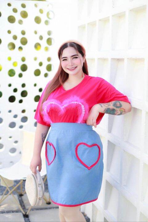 🎀เดรสไซส์ใหญ่🎀N188/อก40-50เซ็ตหัวใจกระโปรงยีนส์เทียม | Lazada.co.th