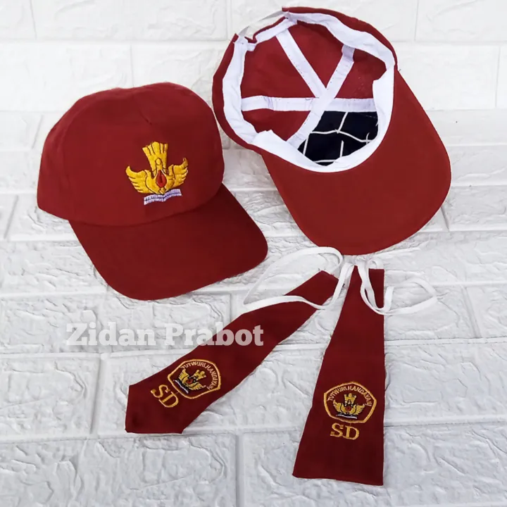 Topi Merah SD BORDIR / Topi Sekolah Dasar BORDIR Lengkap Dengan Dasi ...