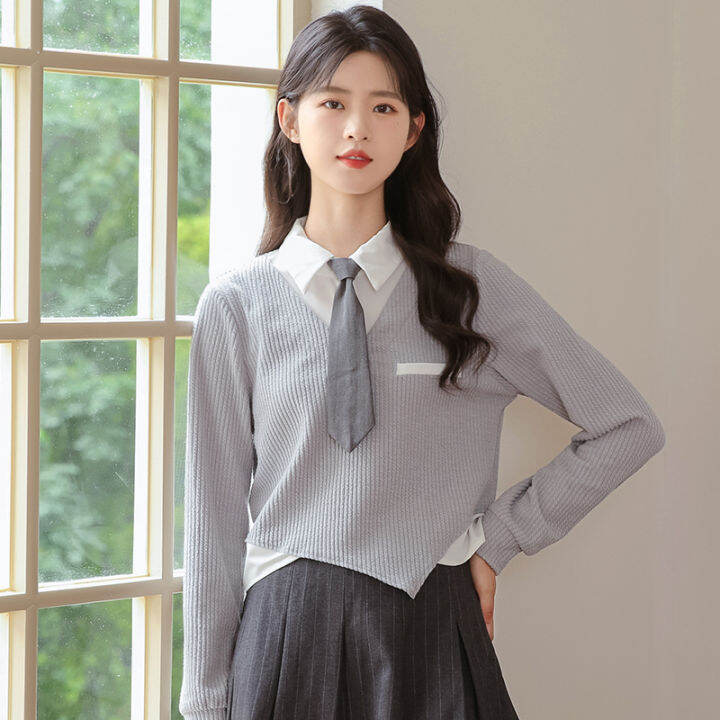 Piperka Qi เสื้อเชิ้ตแขนยาวผูกเน็คไทคล้ายใส่สองชิ้นสำหรับนักเรียนแบบ ...