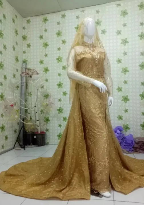 gaun pengantin model slim warna gold lengkap dengan slayer | Lazada ...