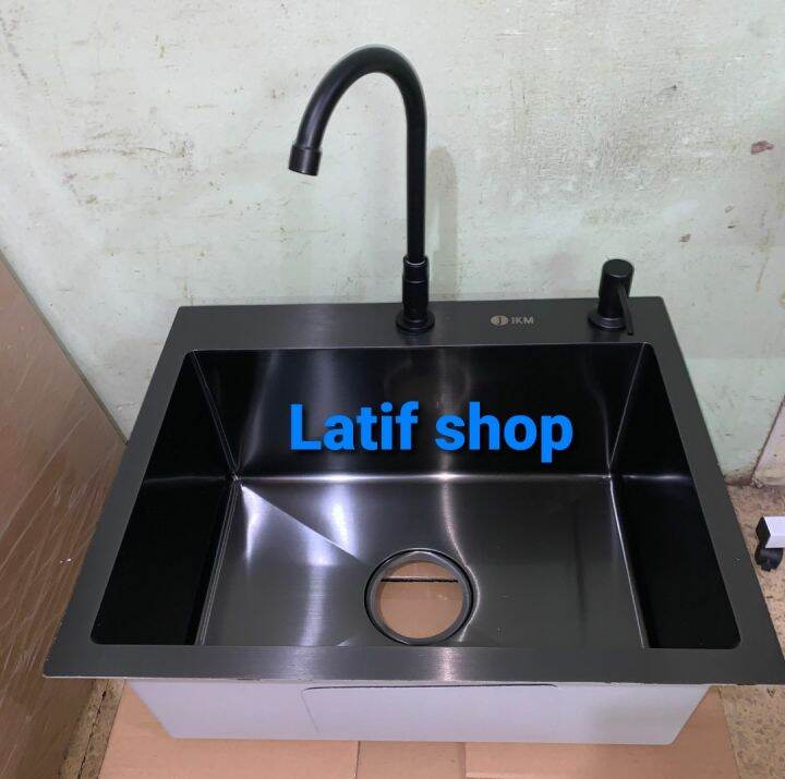 bak cuci piring stainless 1 lubang hitam 5243 paket kran pipa anga hitam/kitchen sink 1 lubang ...