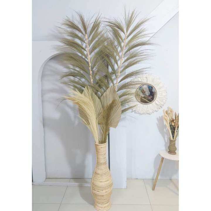 Paket Bunga Kering Rayung Stick dan vas rotan 70cm/Daun Palem Kering ...
