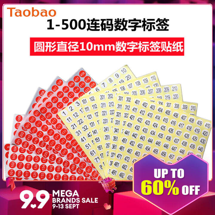 1-Numeric Number Sticker Size Label round 10mm Serial Number Red with ...
