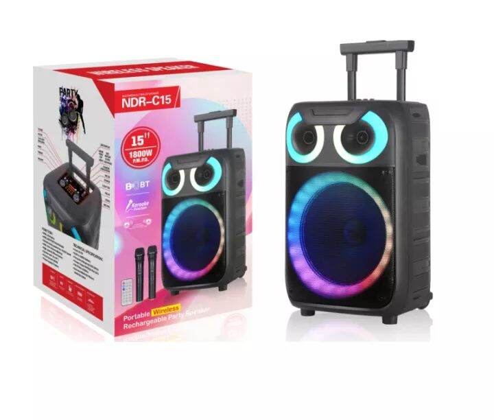 NDR C-15 15" 1800W Trolley Karaoke Bluetooth Party Speaker W/ Echo/Bass/Treble Adjustment ...