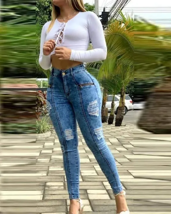 Martina Zipper Fly Pocket Ripped Skinny Jeans (Random Design)1 | Lazada PH