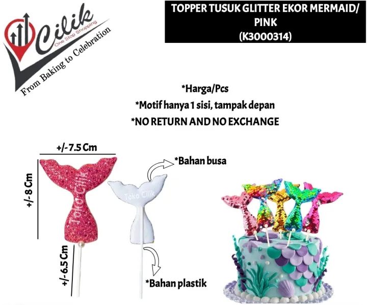 topper tusuk mermaid tail ekor duyung glitter pink dekor kue puding ...