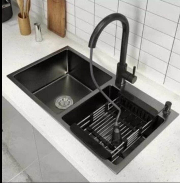 Bak cuci piring stainless 2 lobang Black Paket Kran tarik/Tempat Cuci ...