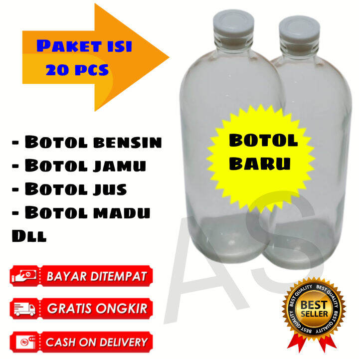 BOTOL KACA 1 LITER (paket 20 pcs) // BOTOL BENSIN// BOTOL JAMU// BOTOL ...