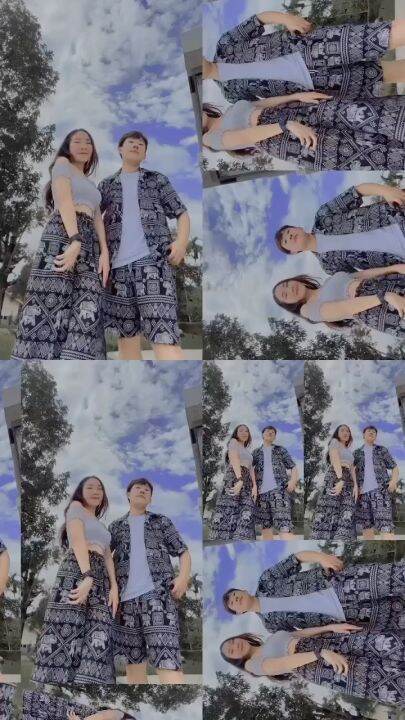 (ร้านค้าส่งไว)ชุดคู่รัก ลายช้างวงล้อ เสื้อฮวาย กางเกง 4สาย ขาสั้น ผ้าเม ...