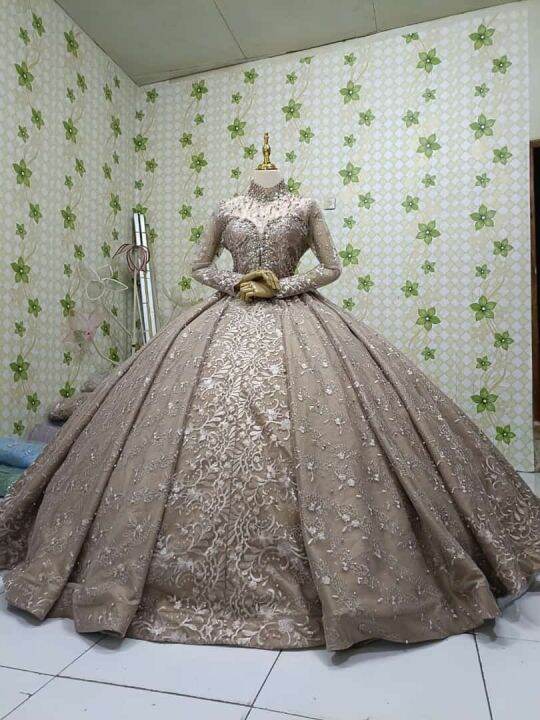 Gaun pengantin semi premium warna moca ekor panjang | Lazada Indonesia