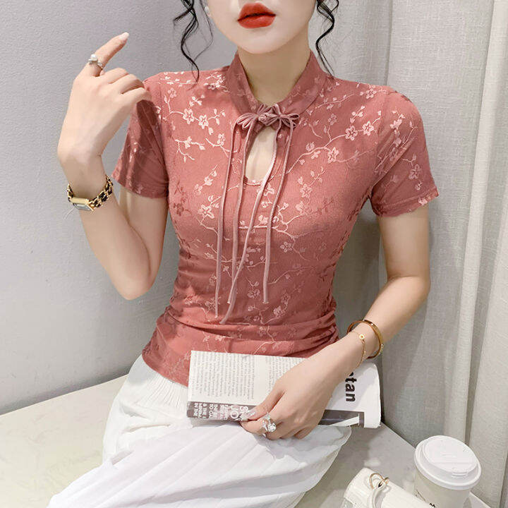 YIGE เสื้อยืดผู้หญิงสวยๆเสื้อยืด2023ผ้าตาข่ายพิมพ์ลายวินเทจแขนสั้น ...