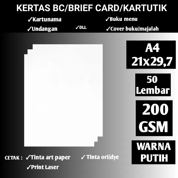 Kertas BC/Brief card/Kartutik putih 200 GSM A4 isi 50 lembar | Lazada ...