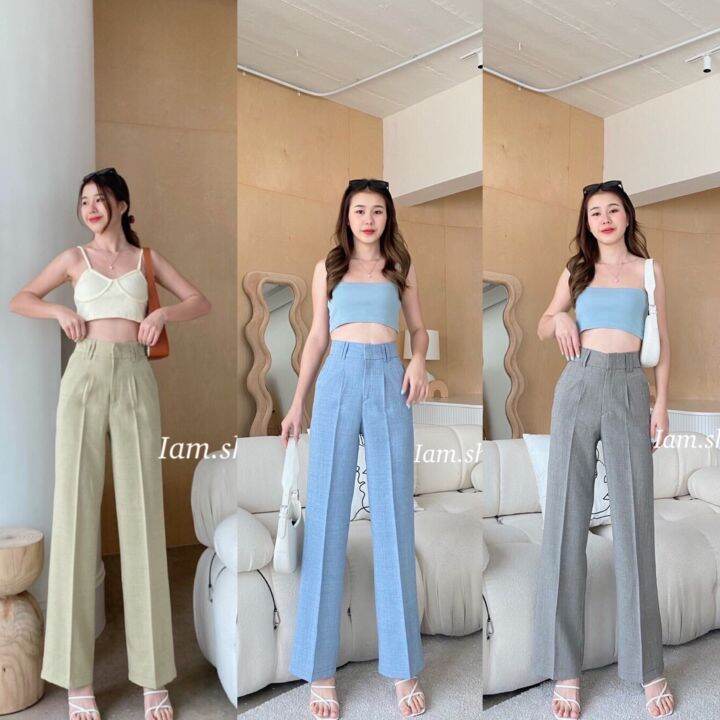 IAM.SHOP- กางเกงขากระบอกกลางผ้าแคนดี้ | Lazada.co.th